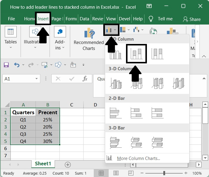 如何在 Excel 中为堆叠柱形图添加引线? | w3schools 中文网
