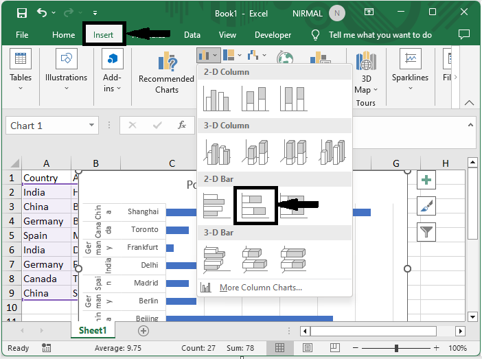 如何在 Excel 中创建堆叠条形图或柱形图 | W3Schools 中文网
