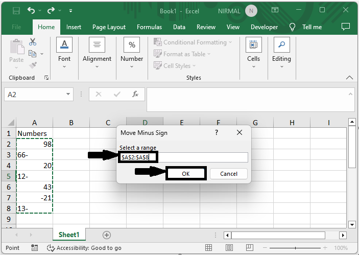 如何在 Excel 中将减号从右向左/从后向前移动? | w3schools 教程